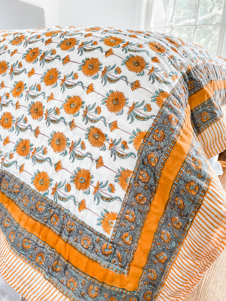 Golden Marigold Block Print Quilt – Kalyana Textiles