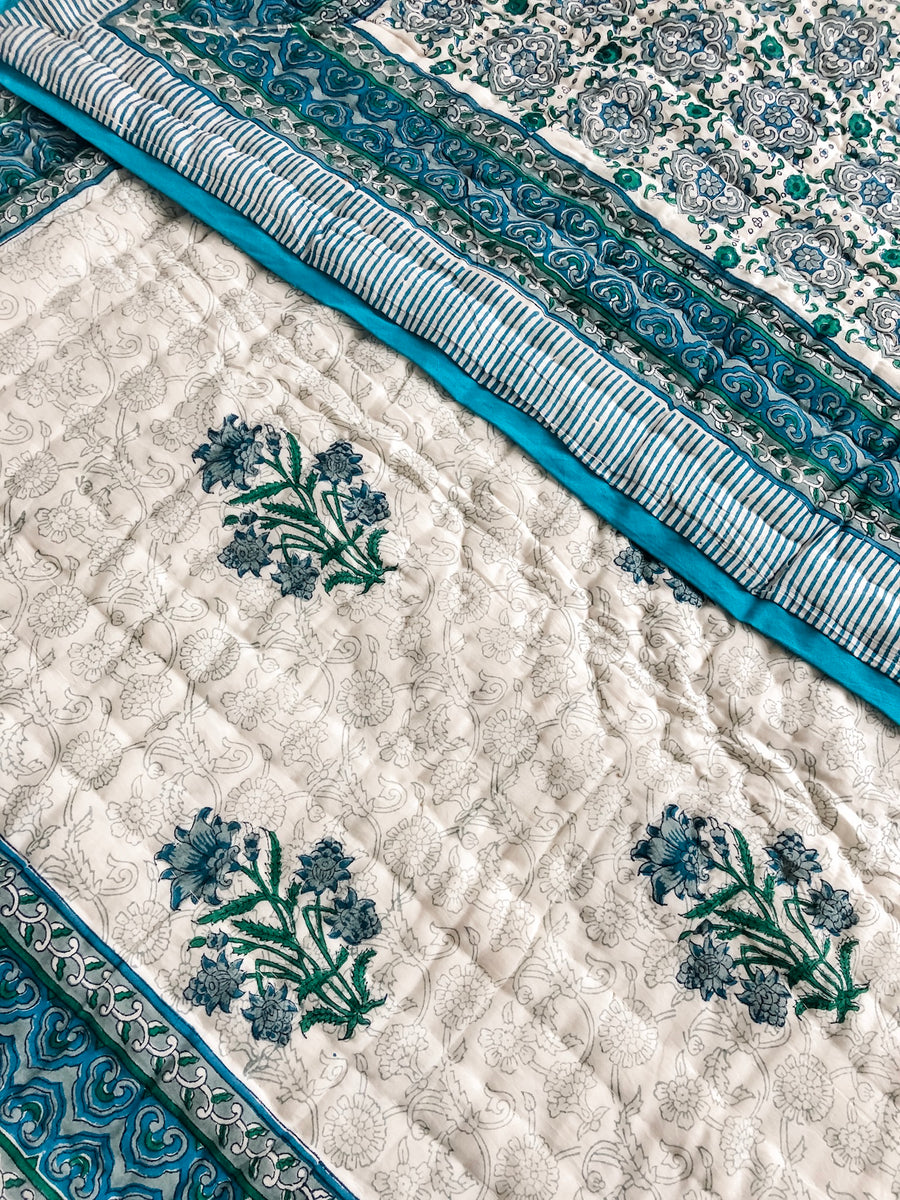 Teal Geo Block Print Quilt – Kalyana Textiles